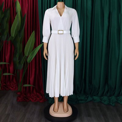 Elegant Office Dresses for Women Pleated Deep V Neck Full