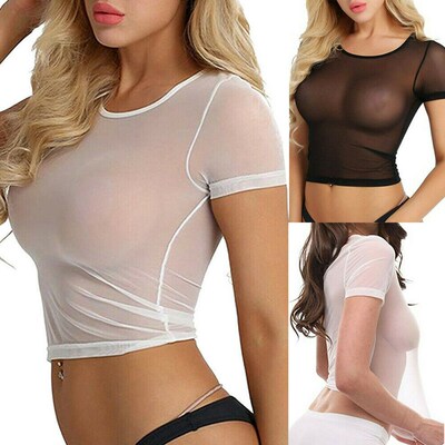 Sexy Women T Shirt See Through Mesh Black Tee Sheer Slim Sho
