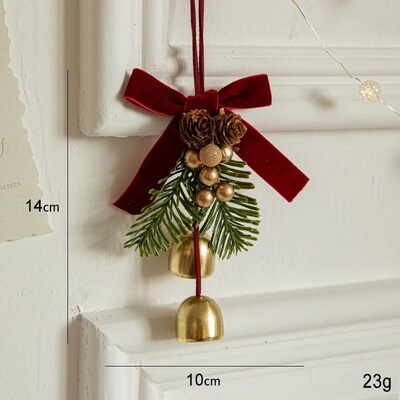 Christmas Jingle Bells Door Hanger Ornament Velvet Bow Pine