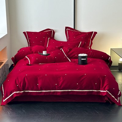 公主风爱心新婚庆四件100S长绒棉送礼陪嫁红色喜被结婚床上用品