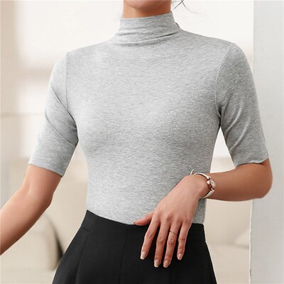 Half Turtleneck Milk Silk Tops Women Short Sleeve Slim T-Shi