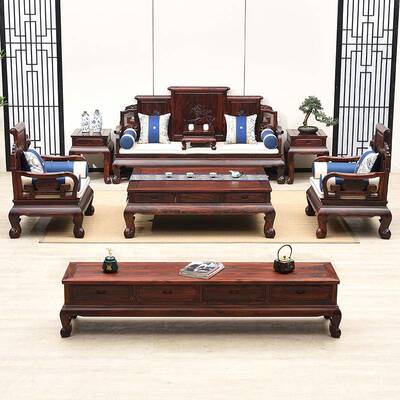 国标家具客厅套木印尼全黑枝沙WKR发酸中式全实卷书沙发组合