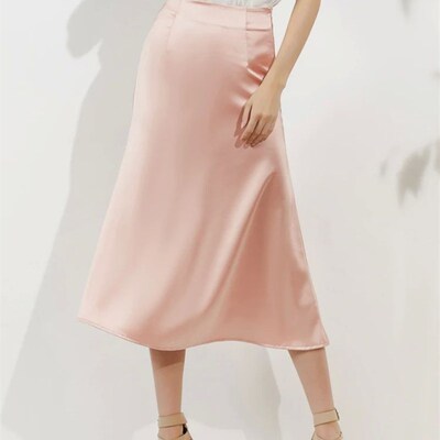 Silk Satin Skirts for Women Korean Style Champagne Office Hi