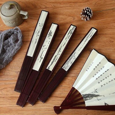 Landscape Silk Folding Fan Chinese Style Bamboo Wood Summer