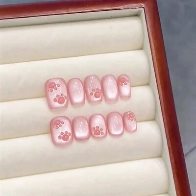 10Pcs French Cat Eye Handmade Press on Nails 3D Flower Fake