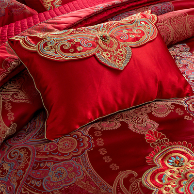 思辰家纺结婚四件高端大红色真丝棉欧式刺绣婚庆十件床上用品