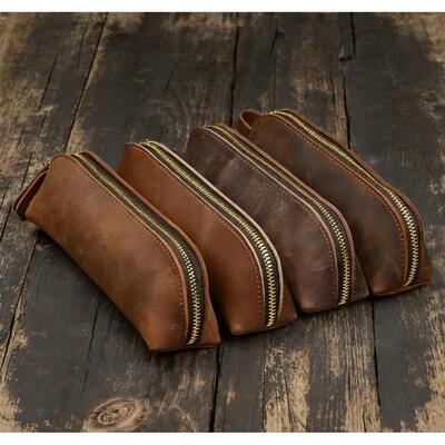 Vintage Coffee Leather Zipper Pencil Pen Pouch Bag - Small T