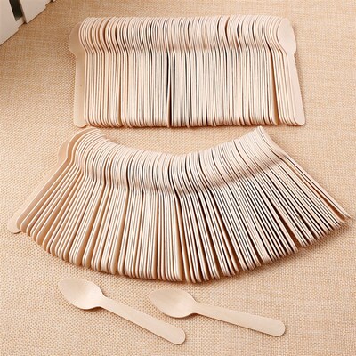 100Pcs Disposable Wooden Spoon Mini Ice Cream  Party Tablewa