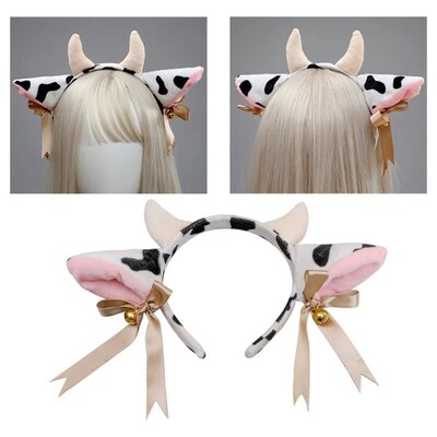 Cartoon Plush Cow Ears Horn Headband with Small Bells Ribbon