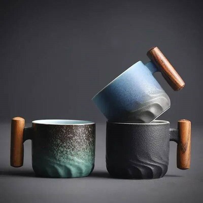 Blue Ceramic Coffee Mug Retro Wooden Handle Filter Tea Mug O