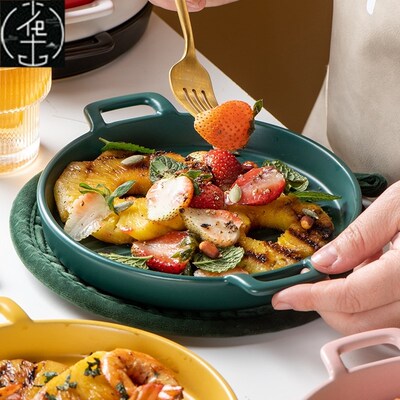Oven pan ceramic plate household breakfast flat dish microwa