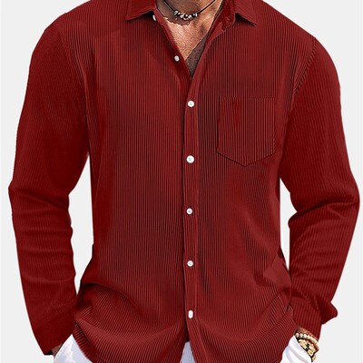 Mens Plain Relaxed Striped Long Sleeve Shirt Casual Versatil