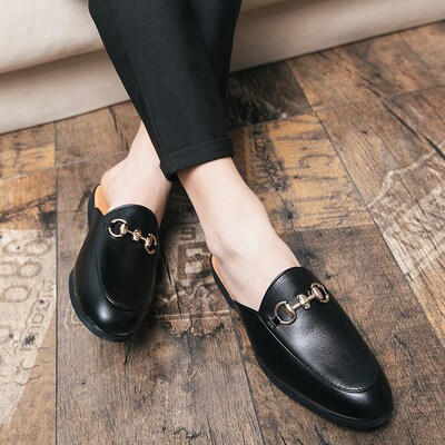 Summer Half Shoes for Men Black Loafers Slippers Patent Leat
