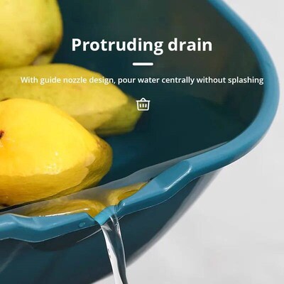 1Pc Blue Yellow Plastic Kitchen Double Drain Basket Bowl Was