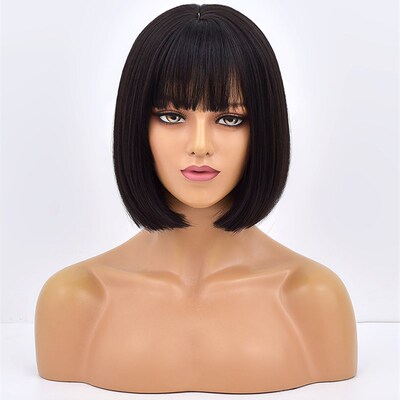 Short Bob Wig With Bangs Synthetic Wigs For Women Ombre Blac