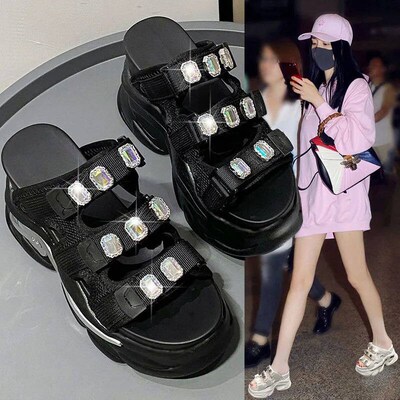 European Rhinestone Buckle Thick Bottom Higher Slope Heel