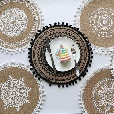 Cotton Linen Embroidery Pad Dish Coffee Cup Table Mat Round