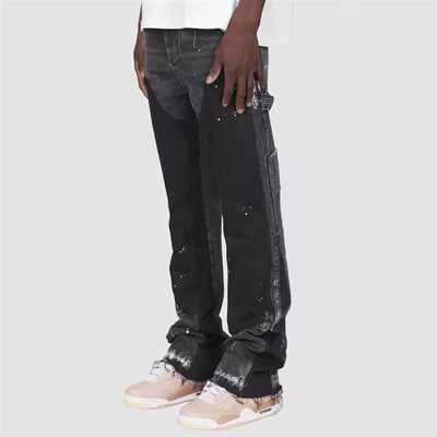 Men denim work pants with elastic patch layered flared pants