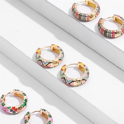 Vintage Enamel Flower Small Hoop Earrings Trendy Geometric S