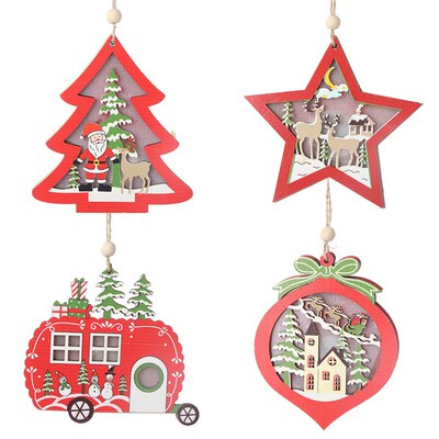 LED Light Christmas Tree Star Car Wooden Pendants Ornaments