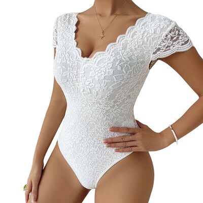 Women Slim One Piece Bodysuit Lace Flower Jacquard Flying Sl