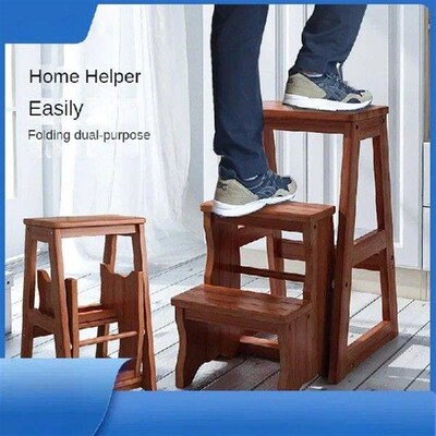 Thickened and Heightened Two-step Folding Solid Wood Ladder