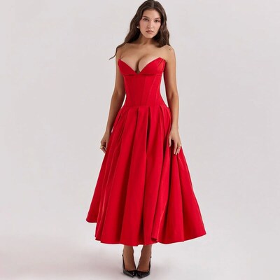 Oligai Summer Red Strapless Formal Occasion Dress Midi