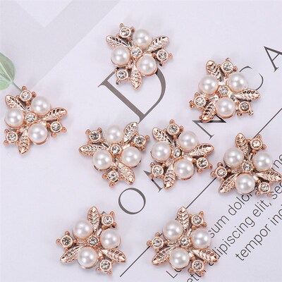 10Pcs Pearl Flower Shaped Rhinestone Buttons Sparkling Cryst