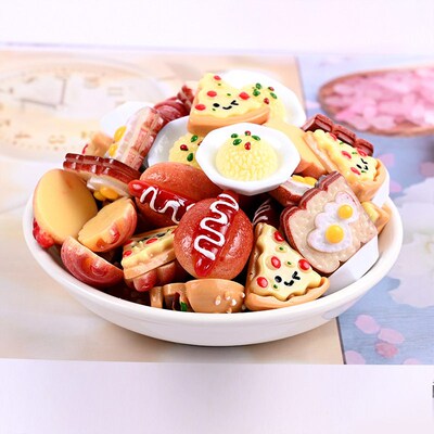 10pcs Hand-painted Resin Imitation Mini Pizza Hamburger Flat