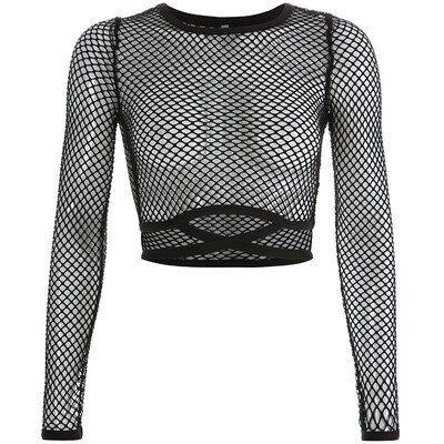 2025 Fashion Sexy Mesh Seethrough Womens Tops Long Sleeve Ti