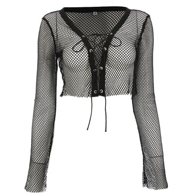 2025 Fashion Sexy Mesh Seethrough Womens Tops Long Sleeve Ti