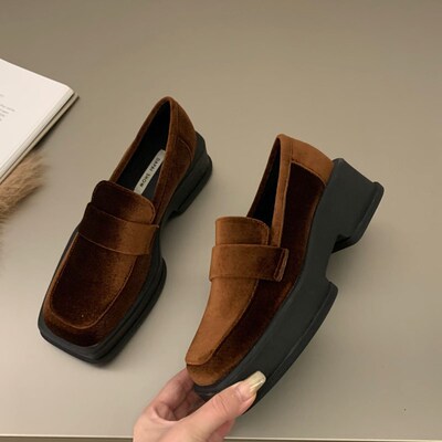 Women Luxury Velvet Loafers Fashion Square Toe Platform Mocc