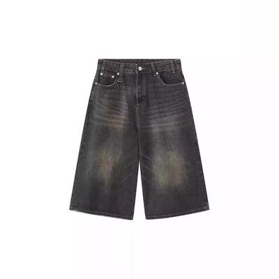 Wide-leg 7-point Jeans Loose Profile Washed Retro Disressed