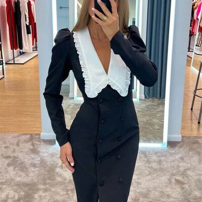 Clacive Bodycon Black Patchwork Dress Elegant Ruffle Collar