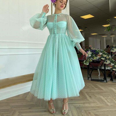 High Neck Long Sleeve Mint Green Tea Length Buttons Prom Dre