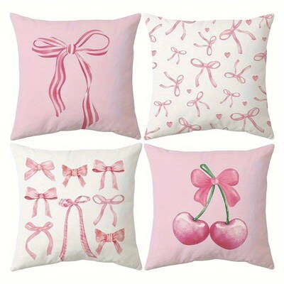 Pink bow cherry pattern printed pillowcase, soft and comfort