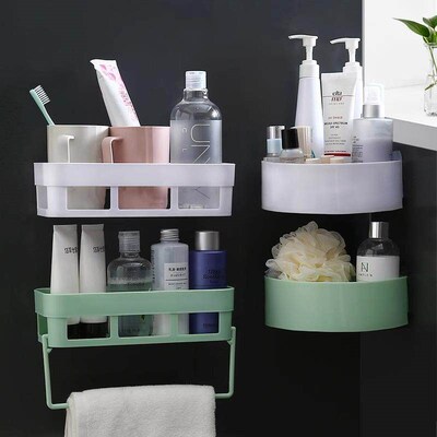 Bathroom Storage Shelf, Plastic No-Drill Wall-Mounted Suctio