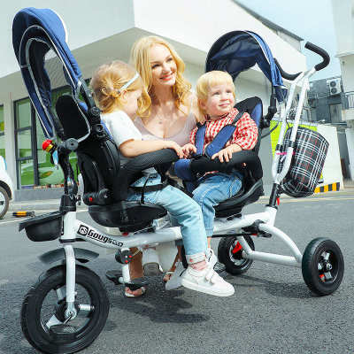 Twin Tricycle Childrens Baby Carriage Double Sitting Pedal