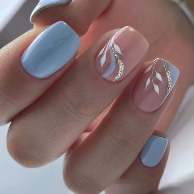 24pcs Short Square False Nails Glitter Flower Wave French Fa