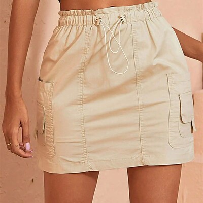 Women Fashion Cargo Mini Skirt Vintage Preppy Elastic Paperb