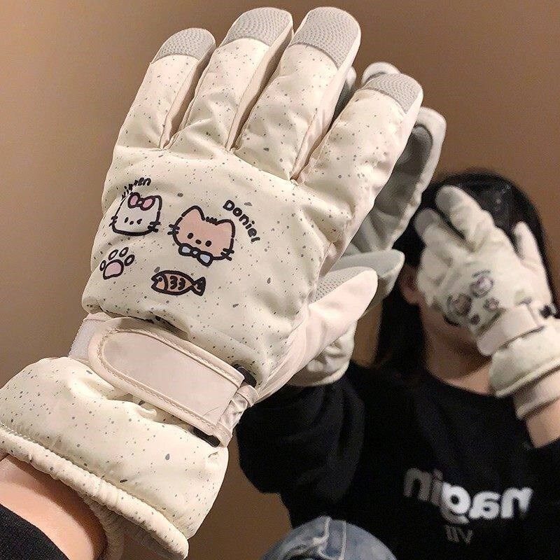 工厂好物可爱卡通猫咪滑雪手套女冬季加绒加厚防寒骑电动车防水防