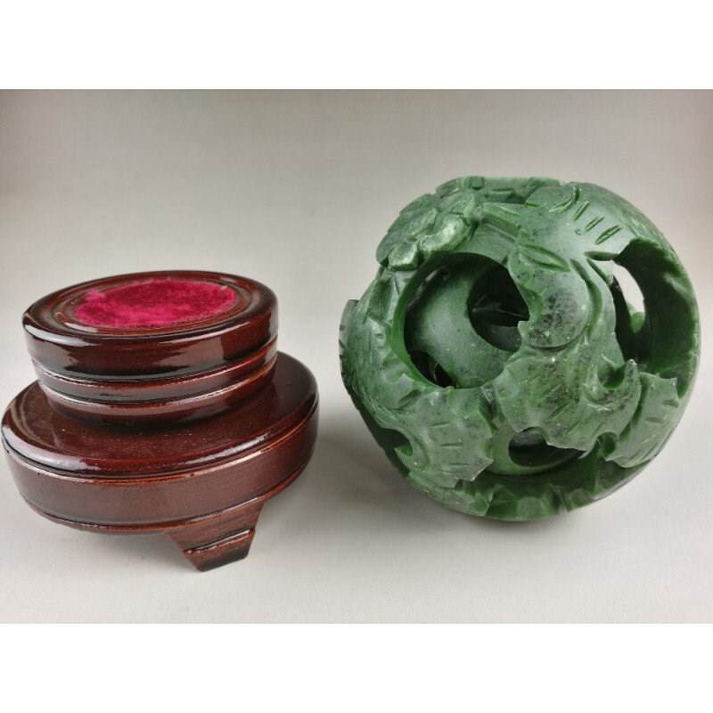 Chinese old green jade carved fengshui magic with wood base