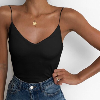 Spaghetti Strap Top V Neck Off Shoulder Sleeveless Solid Col