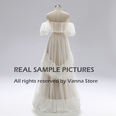 Off Shoulder Polka Dots Wedding Dress 2021 Retro Tiered Lace