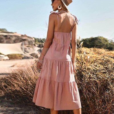 -Summer cotton and linen womens solid color backless suspen
