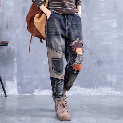 Vintage printing Embroidery Jeans Women Casual Loose plus si