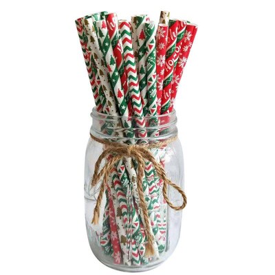 25pcs Christmas Paper Straws Snowflake Drinking Straw Merry
