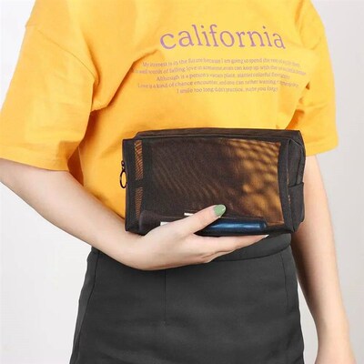 1PC Travel Black Mesh Cosmetic Bag Zipper Makeup Bag For Wom