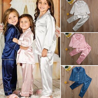 Childrens Kids Pyjamas Silk Satin Tops Pant Autumn Winter Lo