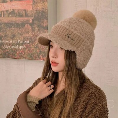 Ladies Winter Lambswool Peaked Cap with Earflaps Warm Baseba